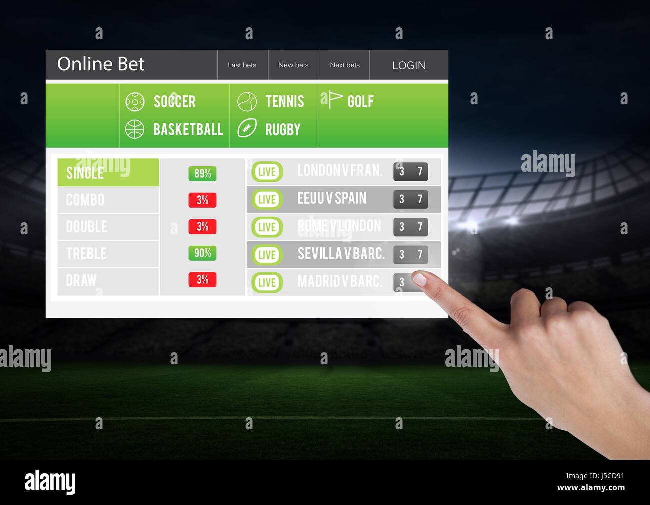 Digital composite of Hand touching a Betting App Interface stadium ...