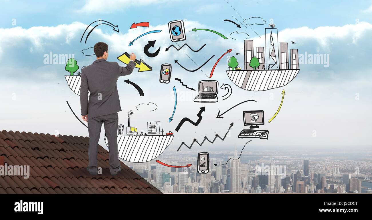 Digital composite of Businessman on house roof drawing graphics in ...