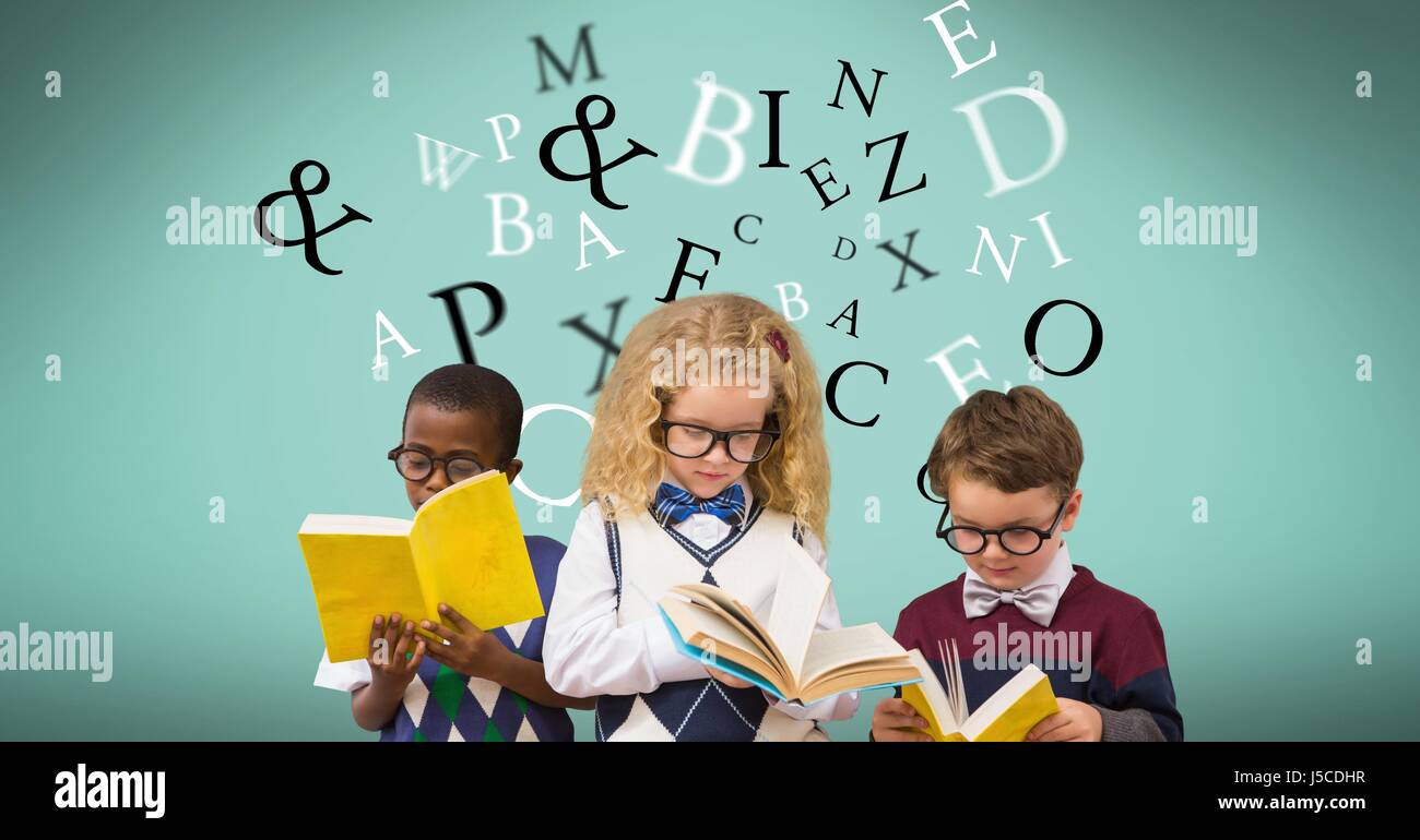 Digital composite of Students reading book while letters flying in ...