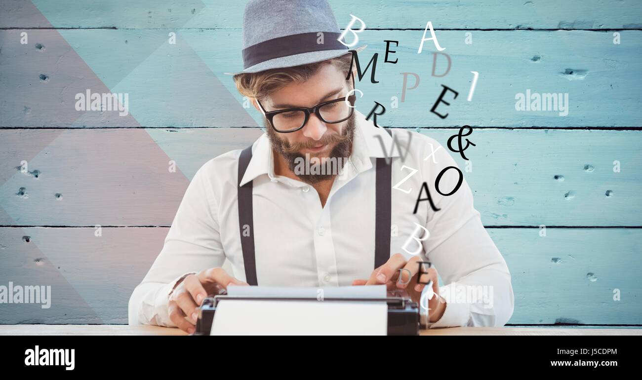 Digital composite of Hipster using typewriter while letters flying ...