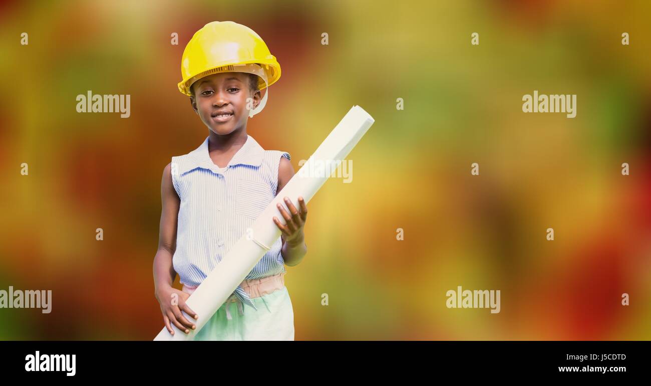 Digital composite of Boy pretending as architect holding blueprint over ...