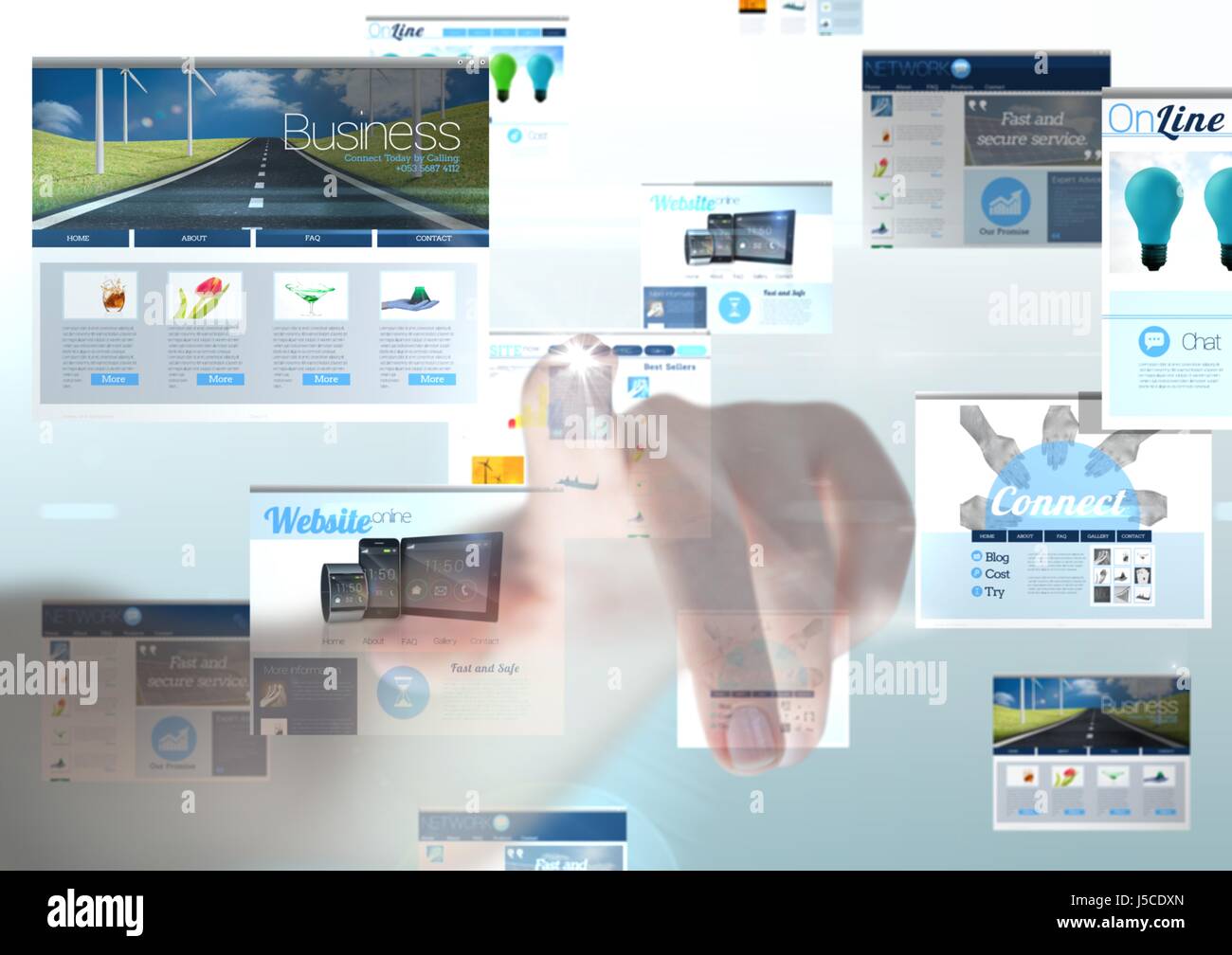 Digital composite of panels with websites(blue) finger in behind ...