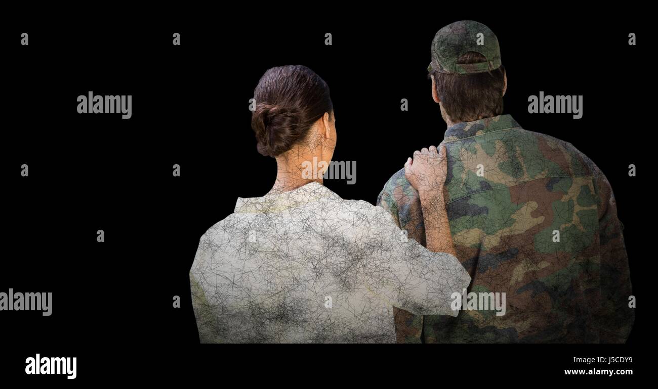 Digital composite of Back of soldier and wife against black background ...