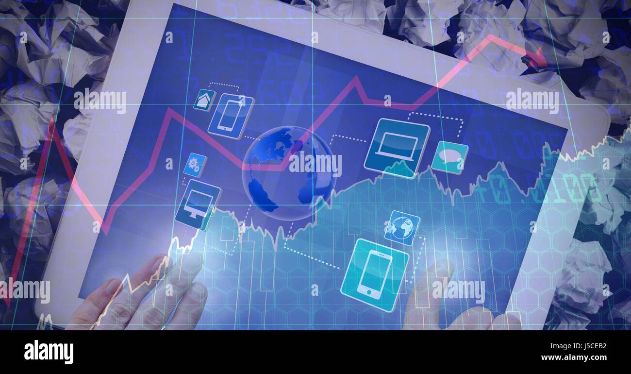 Digital composite of Hand touching digital tablet with graphical ...