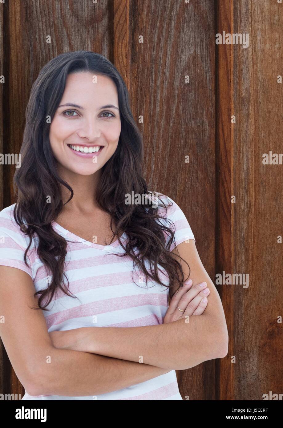 Digital Composite Of Portrait Of Happy Female Hipster Standing Arms