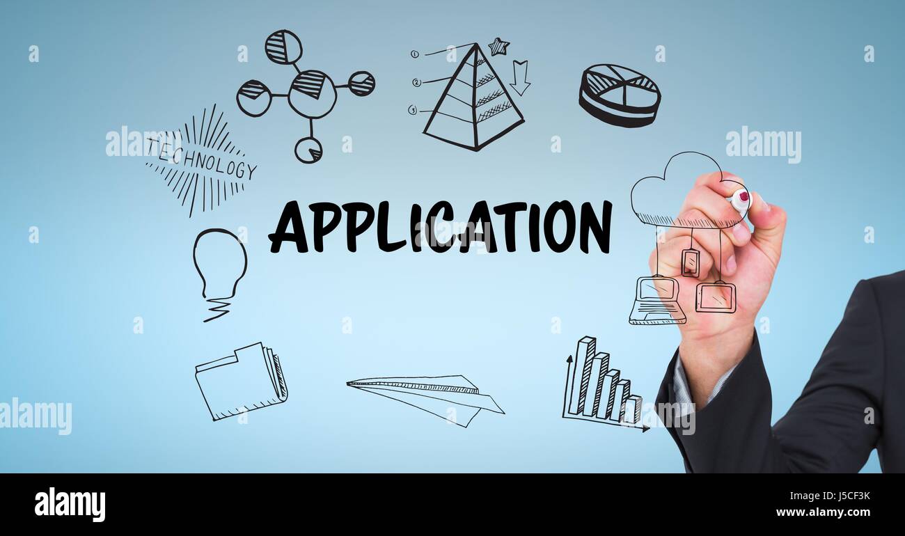 Digital composite of Businessman's hand drawing application icons on ...