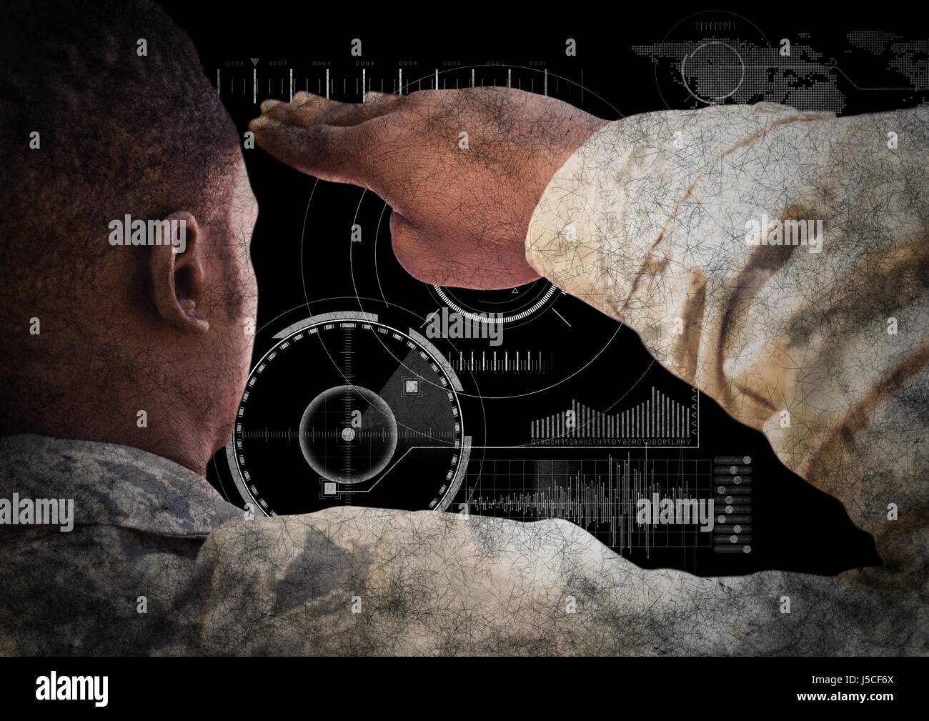 Digital composite of Back of soldier saluting against black background ...