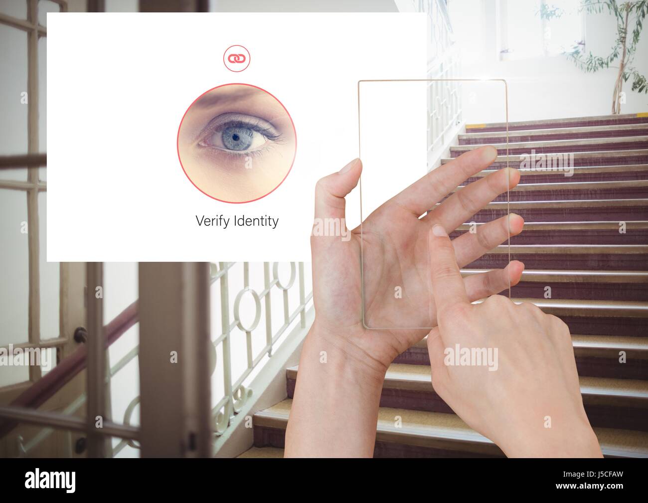 Digital composite of Hand Touching Glass Screen and Identity eye Verify ...