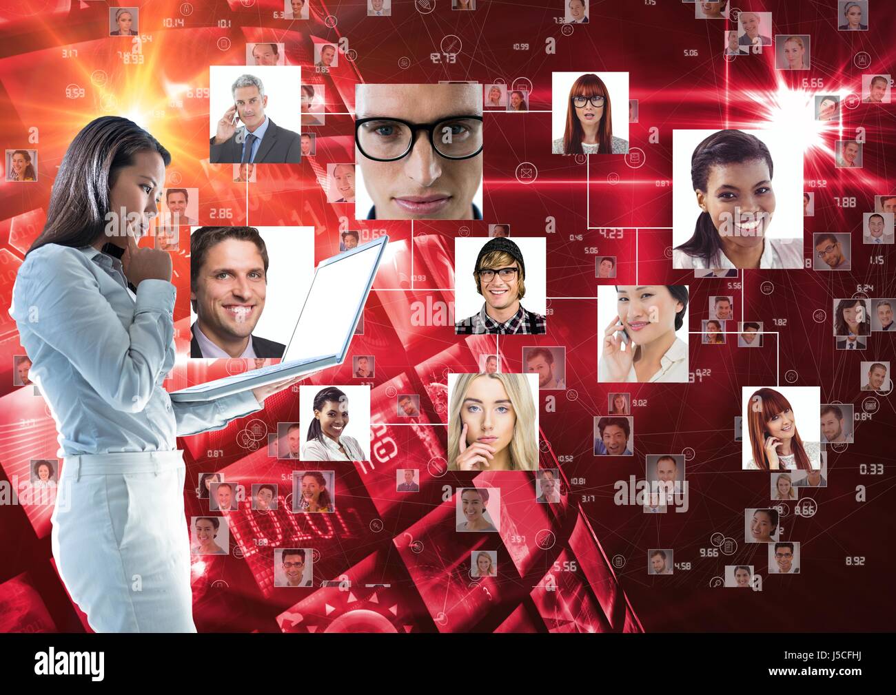 Digital composite of Businesswoman using laptop by flying portraits ...