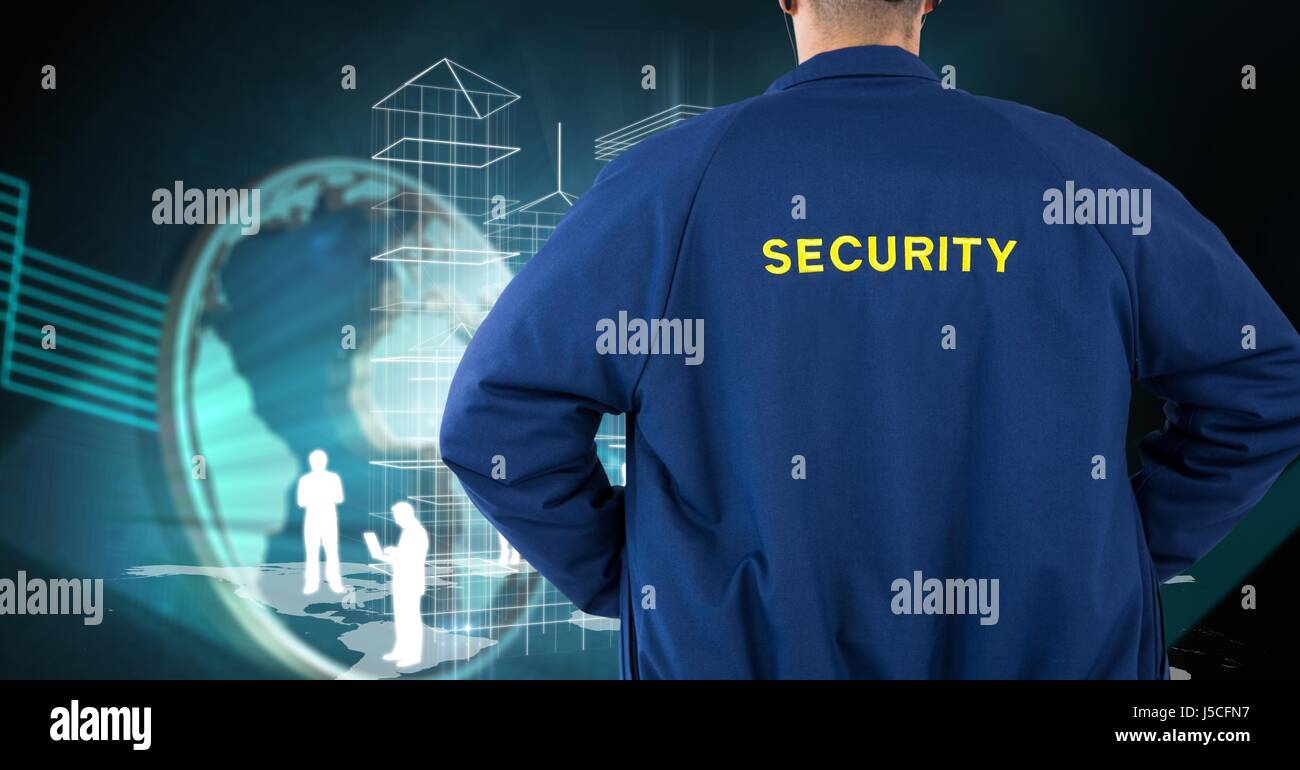 Digital composite of Rear view of security guard against screen Stock ...