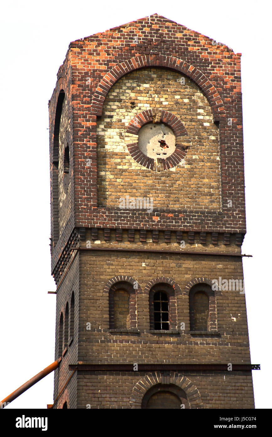 tower daub graffiti grafitti ruin wrecks roof beam burnt burned clock ...