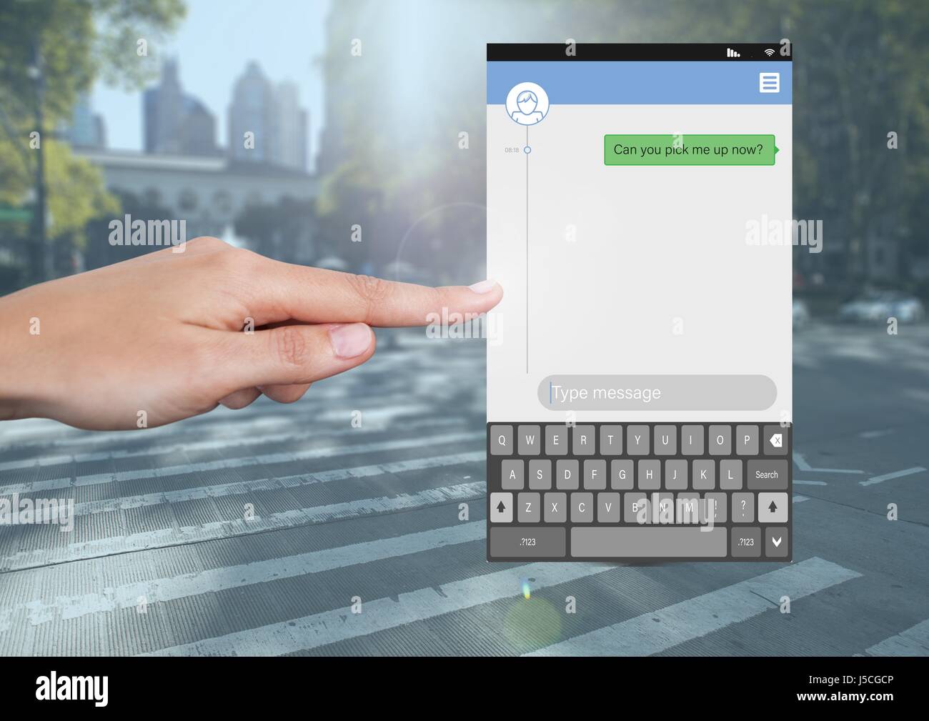 Digital composite of Hand Touching Social Media Messenger App Interface ...