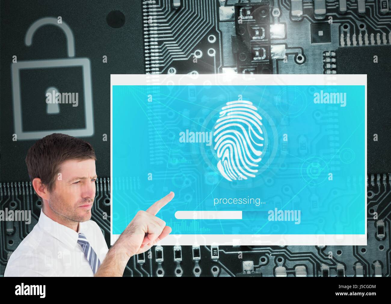Digital composite of Hand Touching Identity Verify security fingerprint ...