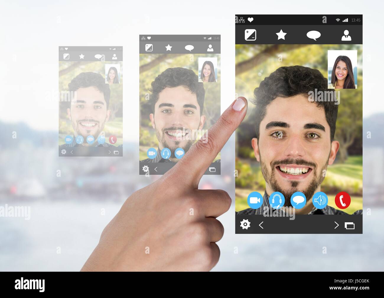 Digital composite of Hand touching Social Video Chat App Interface ...