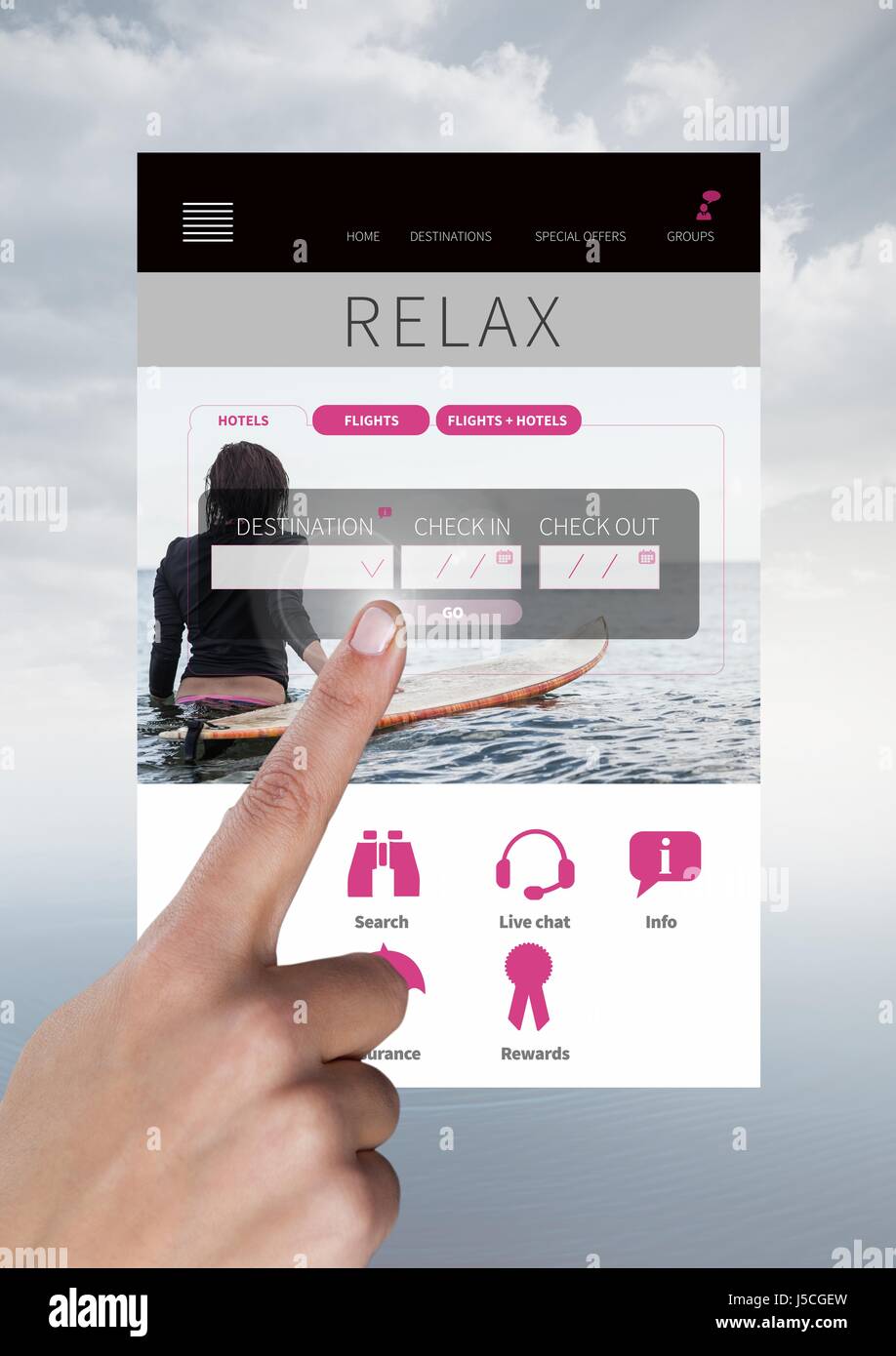 Digital composite of Hand touching Booking Relax holiday break App ...