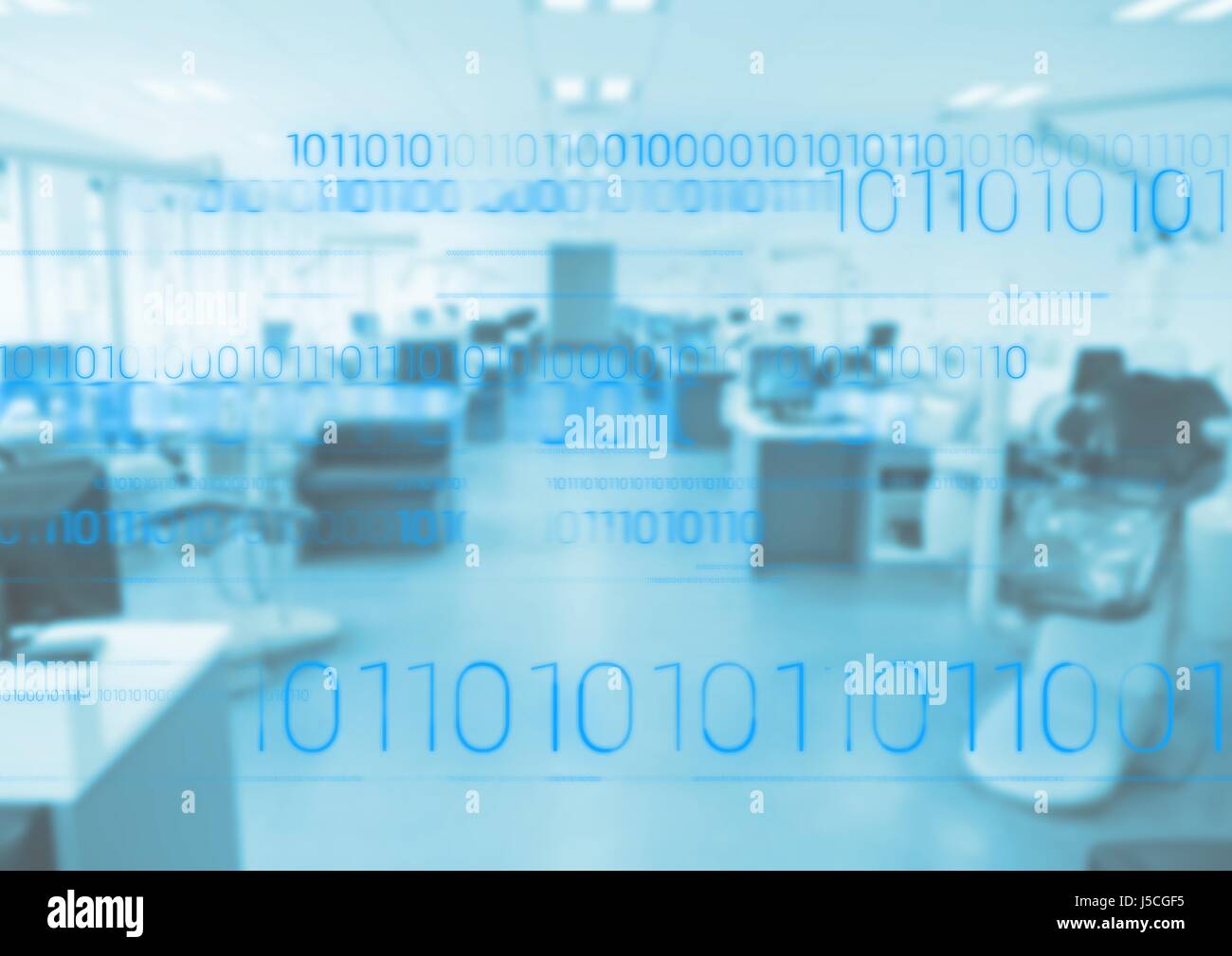 Digital composite of Blue binary code against blurry blue office Stock Photo - Alamy