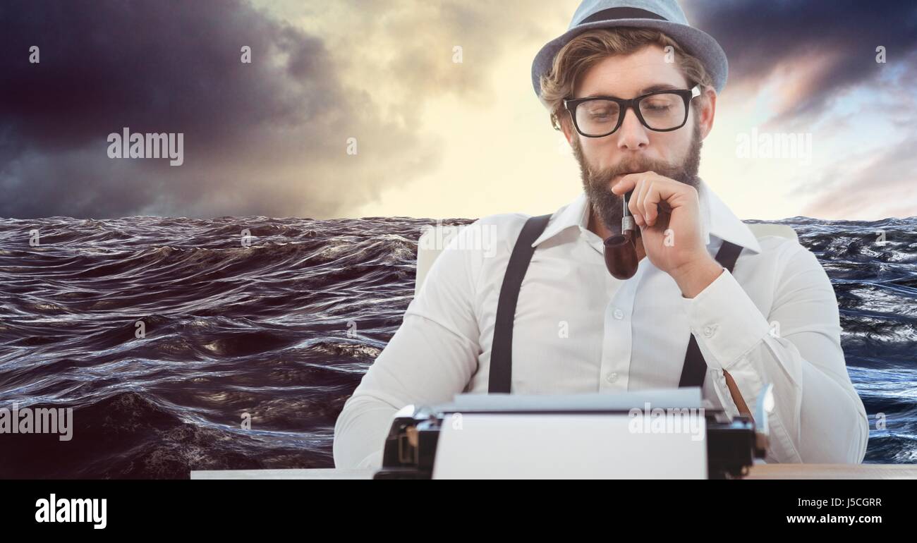 Digital composite of Male hipster holding tobacco pipe while looking at ...