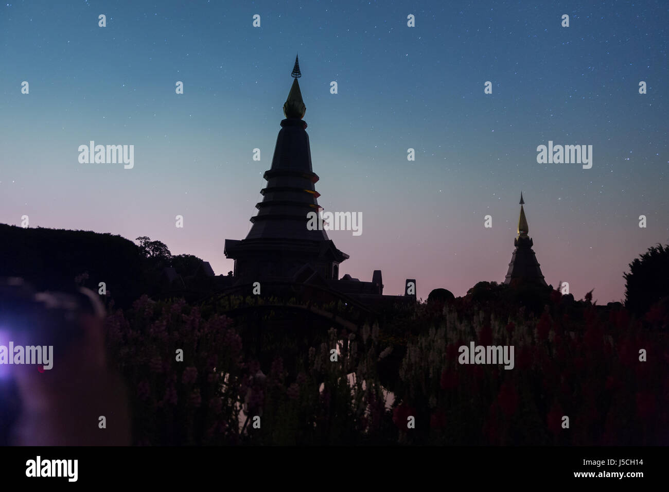 Night sky with lot of shiny stars and two pagoda in Doi Inthanon ...