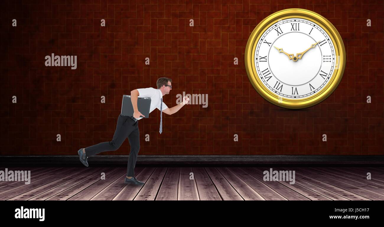 Digital composite of Businessman running late with clock in background ...