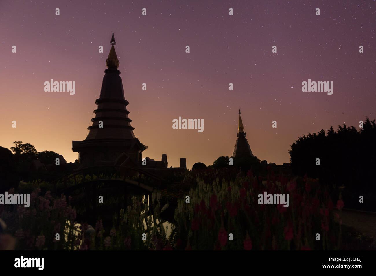 Night sky with lot of shiny stars and two pagoda in Doi Inthanon ...