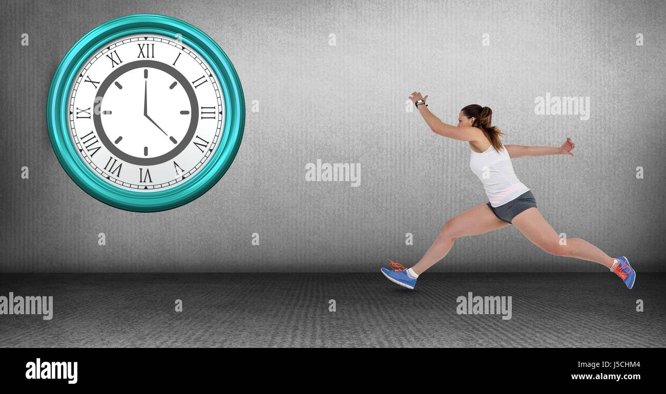 Digital composite of Fit woman running late with clock mounted on wall ...