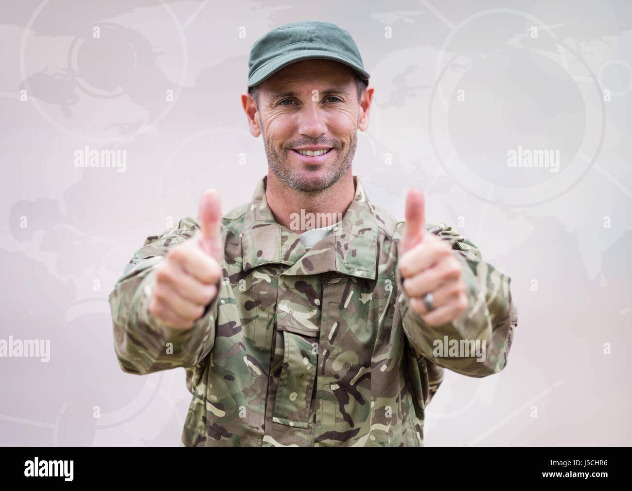 Digital composite of Soldier thumbs up against white map with interface ...