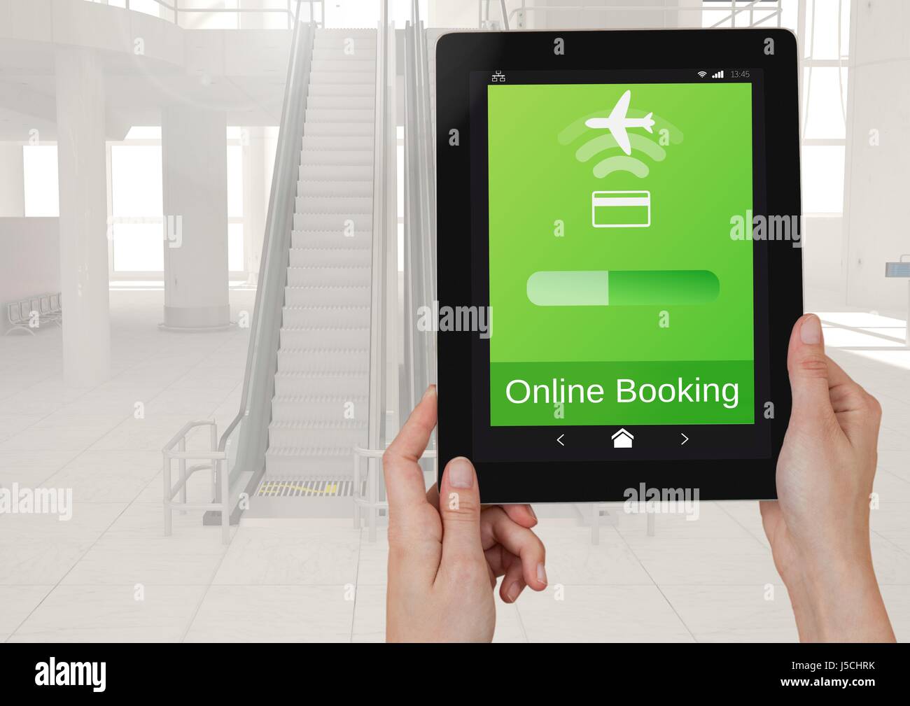 Digital composite of Hands holding a tablet and an Online Booking ...