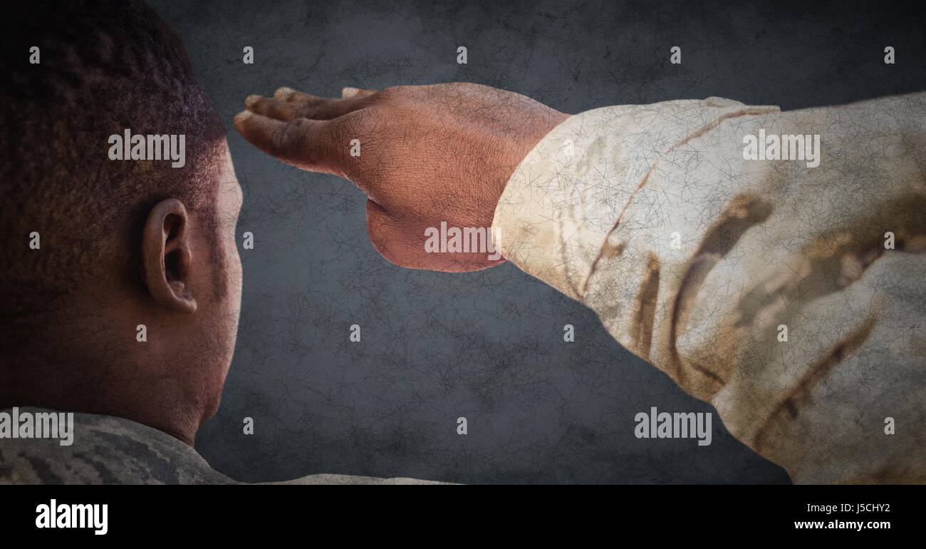 Digital composite of Back of soldier saluting against grey background ...