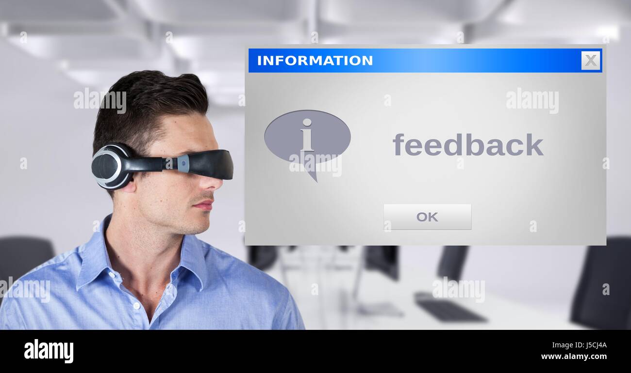 Digital composite of Customer service executive wearing VR headphones ...