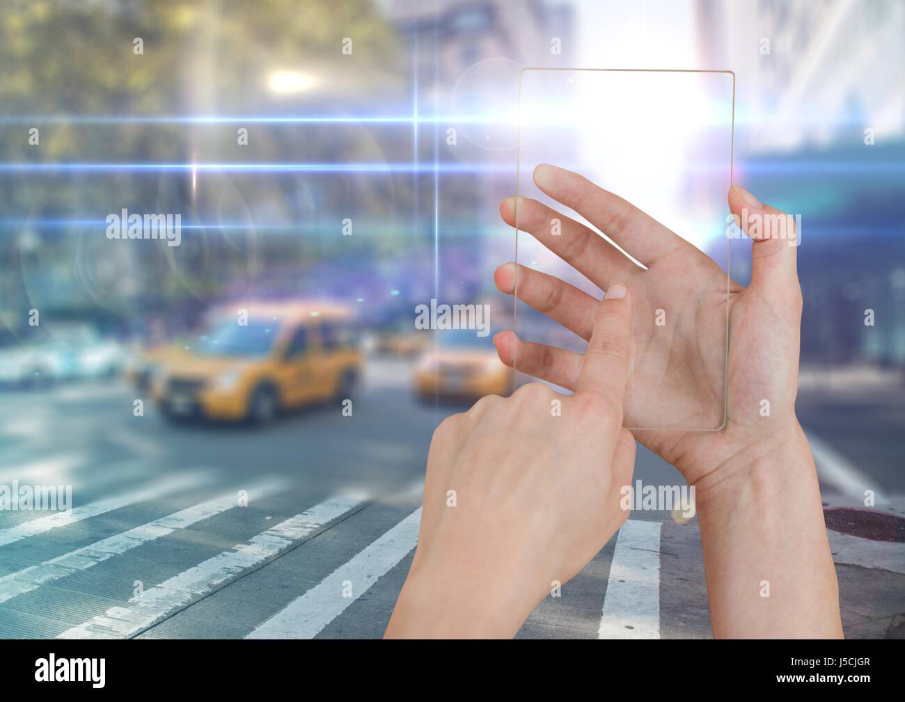Digital composite of Hand Touching Glass Screen on city street Stock ...