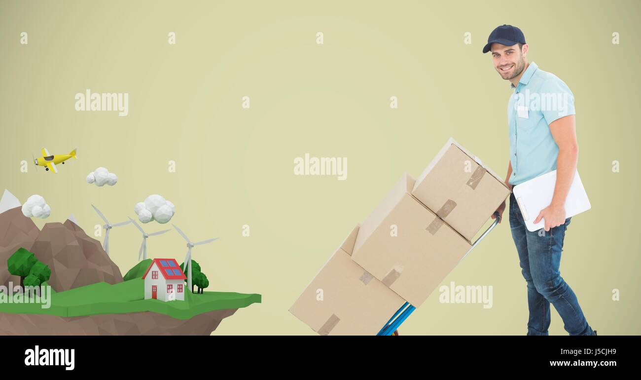Digital composite of Delivery man pushing boxes on cart with house on ...