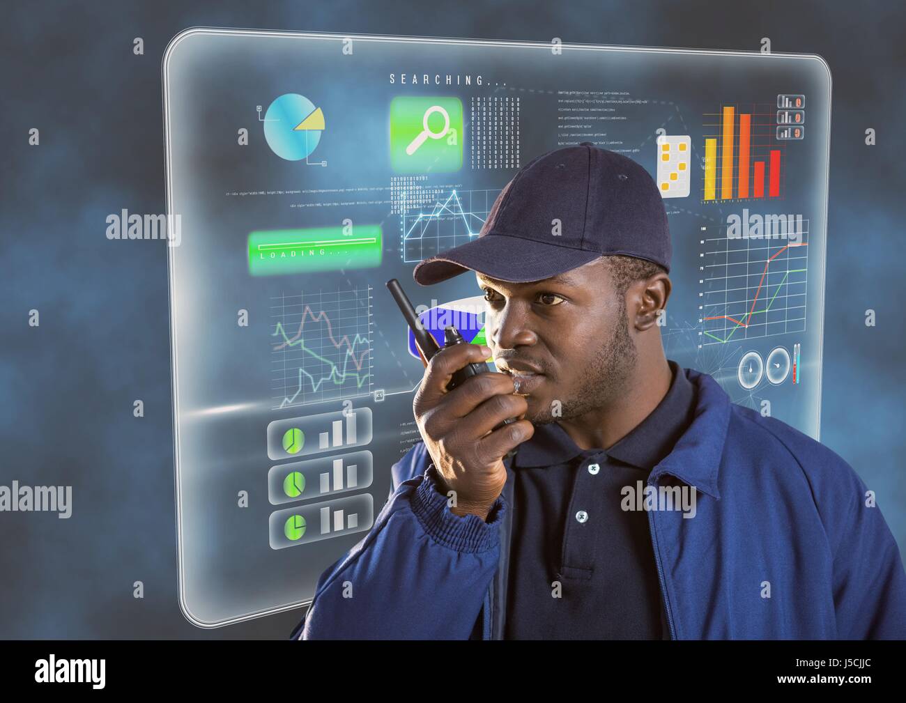 Digital composite of Security guard talking on radio against screen ...