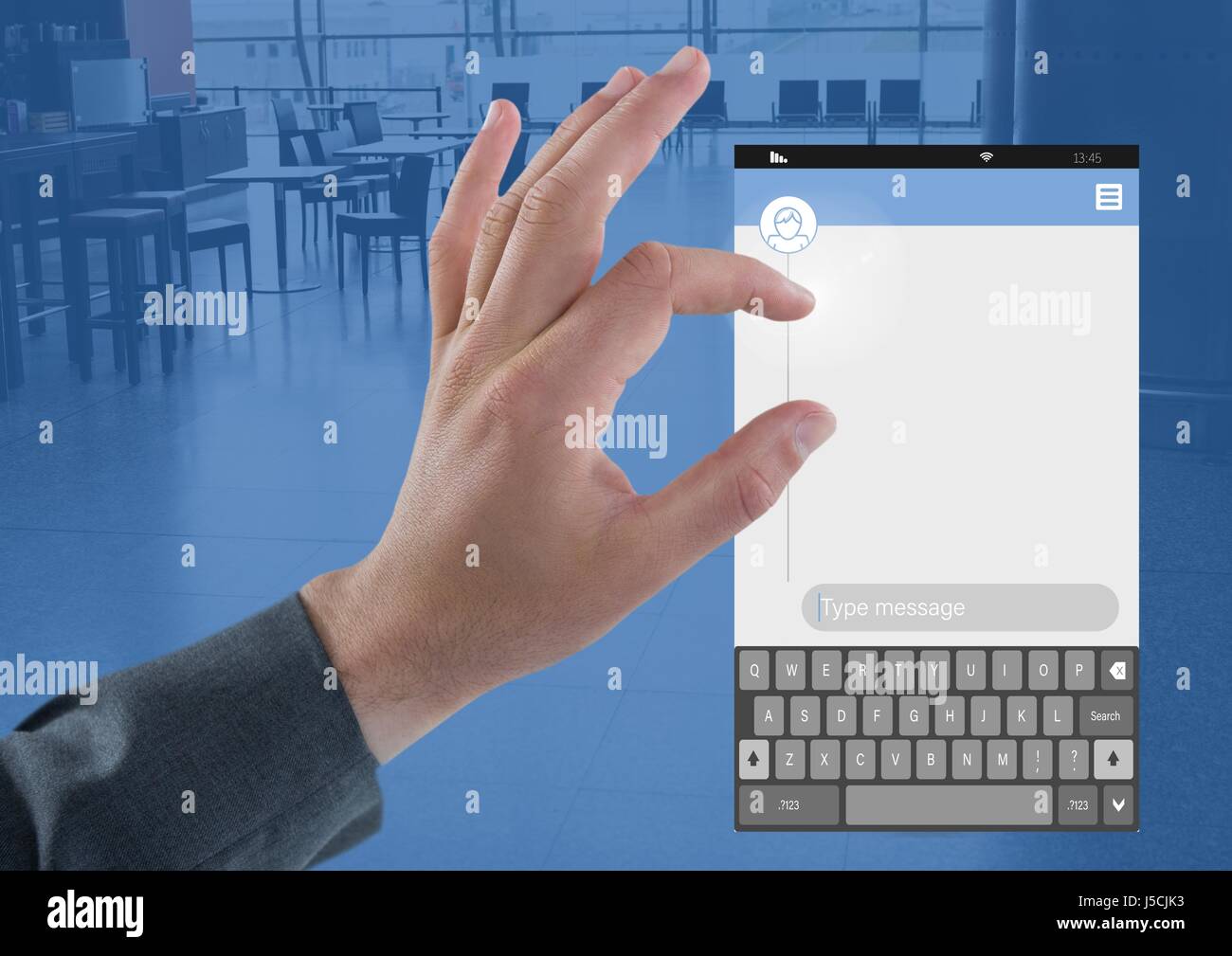 Digital composite of Hand Touching Social Media Messenger App Interface ...