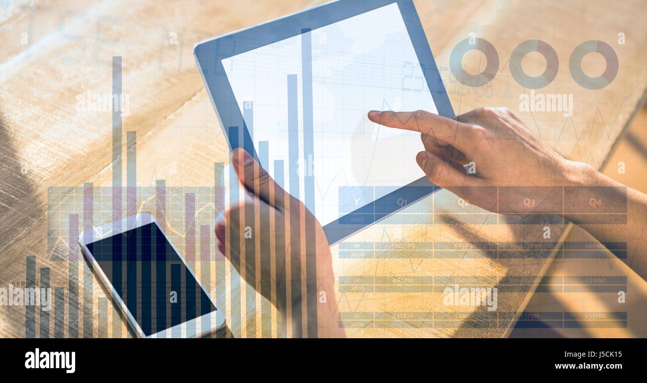 Digital composite of Close-up of hand touching digital tablet's screen ...