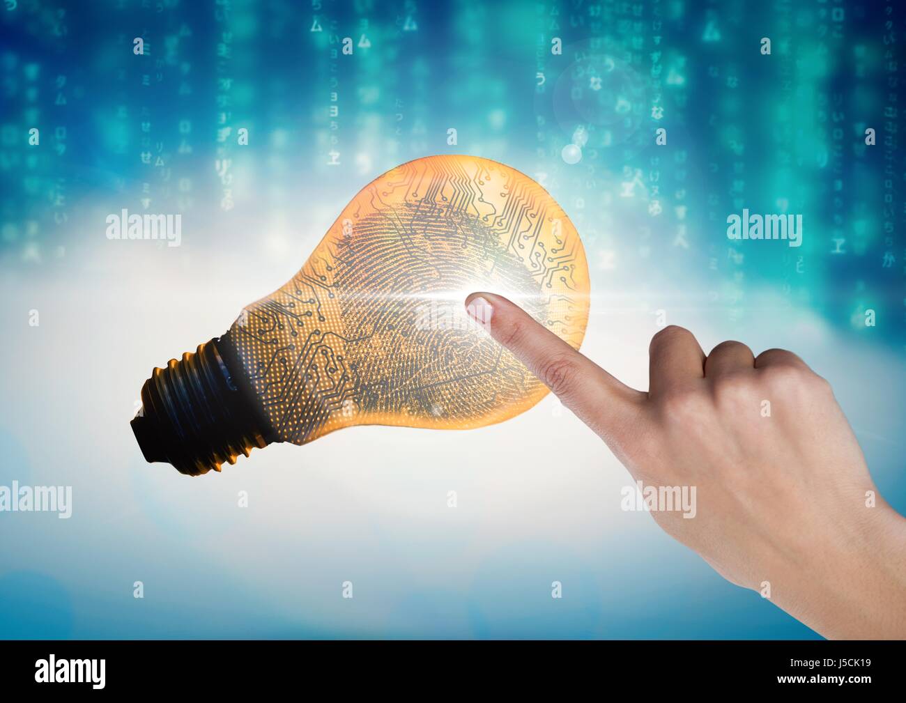 Digital composite of Hand Touching Light bulb fingerprint Stock Photo ...