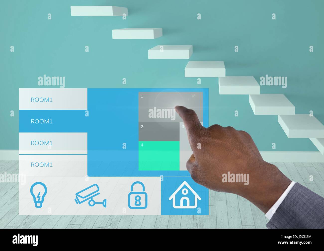 Digital composite of Hand touching a Home automation system App ...