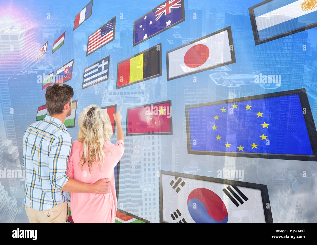 Digital composite of panel with flags, city background. Couple ...