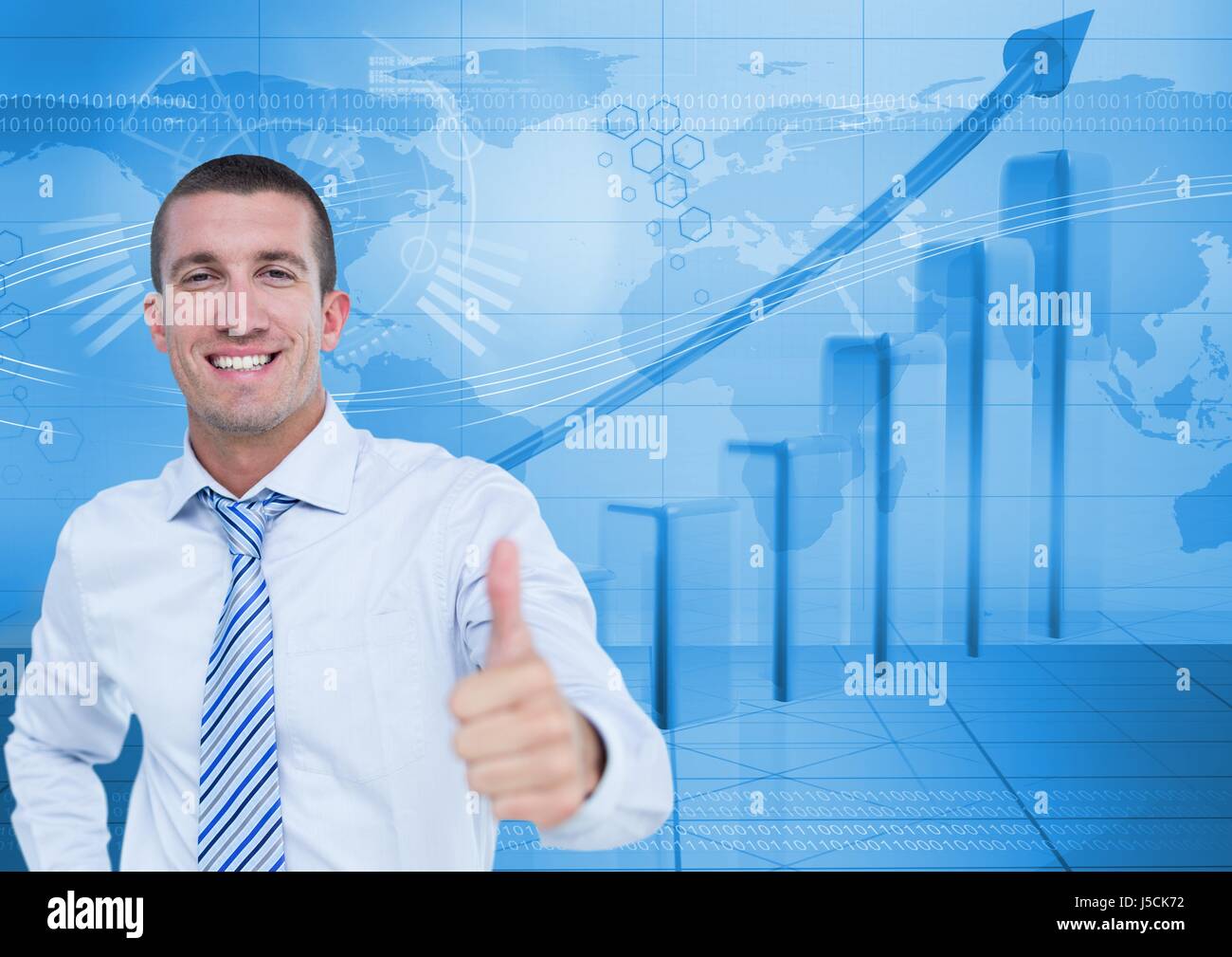 Digital composite of Businessman showing thumbs up against graph Stock ...