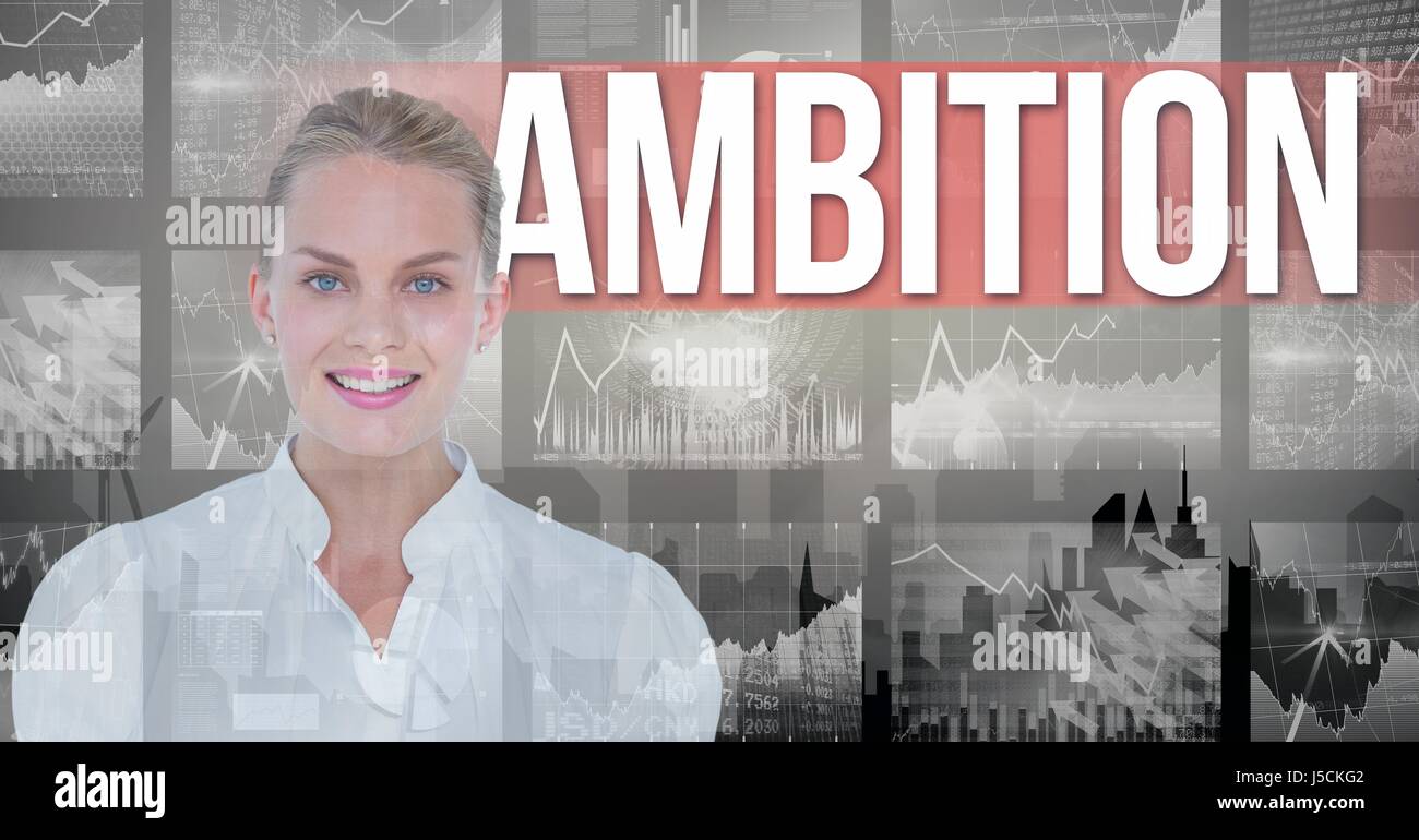 Digital composite of Smiling businesswoman with ambition text in ...