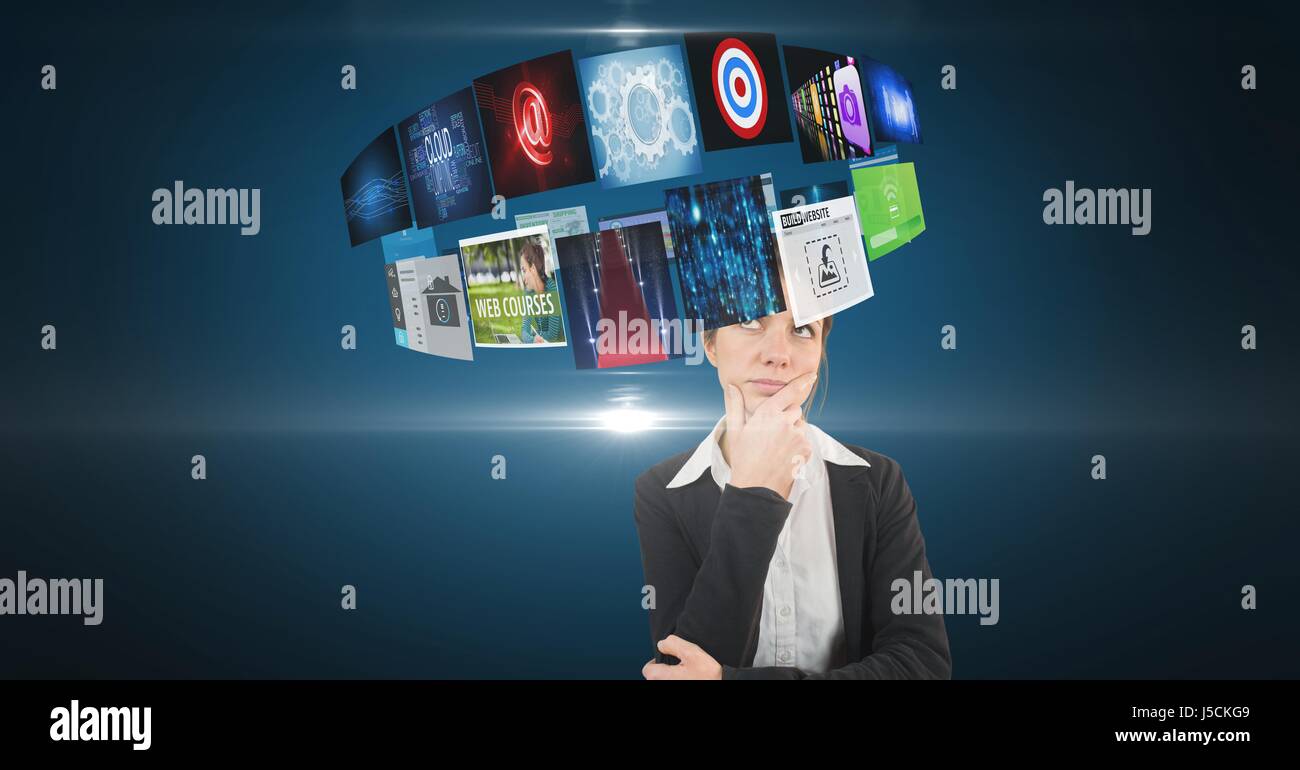 Digital composite of Businesswoman looking at panels flying over head ...