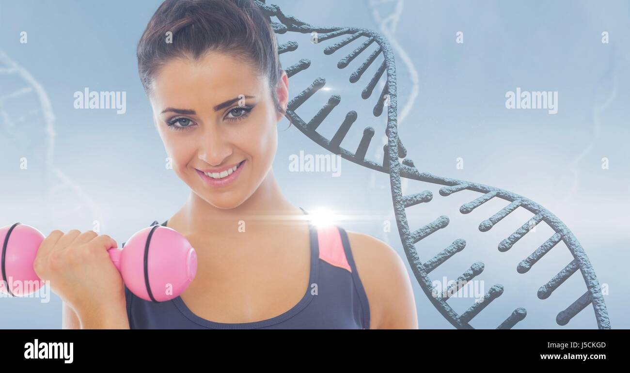 Digital composite of Woman lifting dumbbell against DNA structure Stock ...