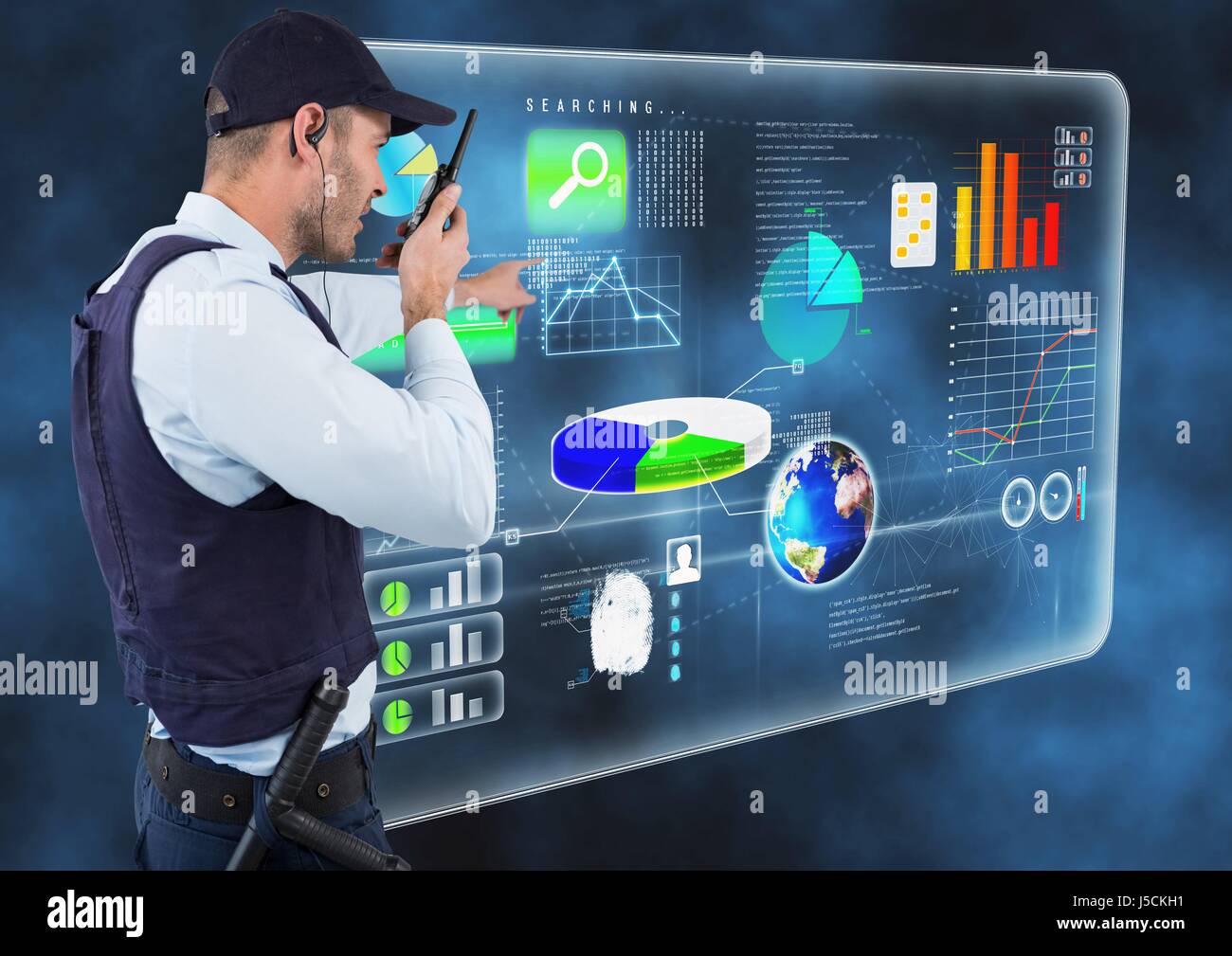 Digital composite of Security guard using radio while touching screen ...
