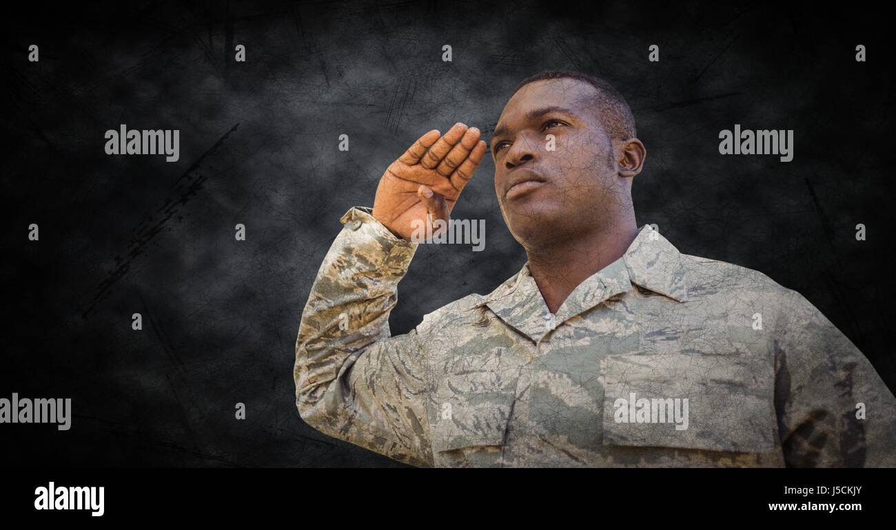 Digital composite of Soldier saluting with black grunge background and ...