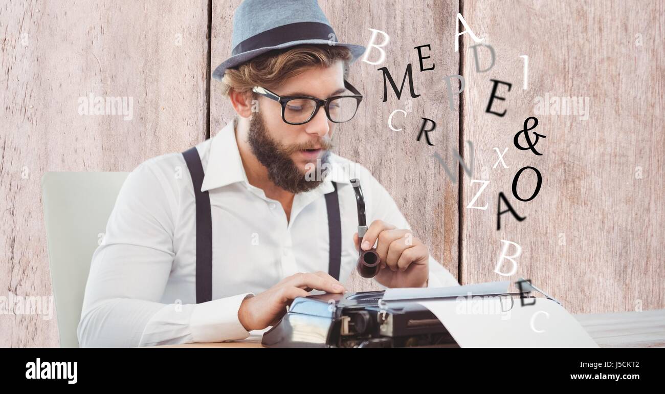 Digital composite of Hipster holding smoking pipe while using ...