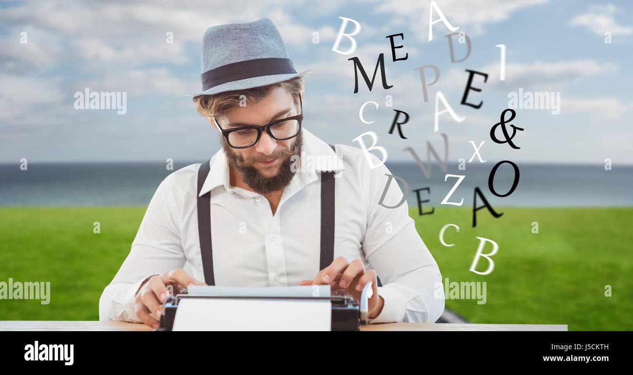Digital composite of Hipster using typewriter while letters flying ...