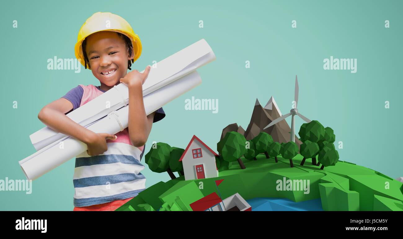 Digital composite of Little girl holding blueprints by low poly earth ...