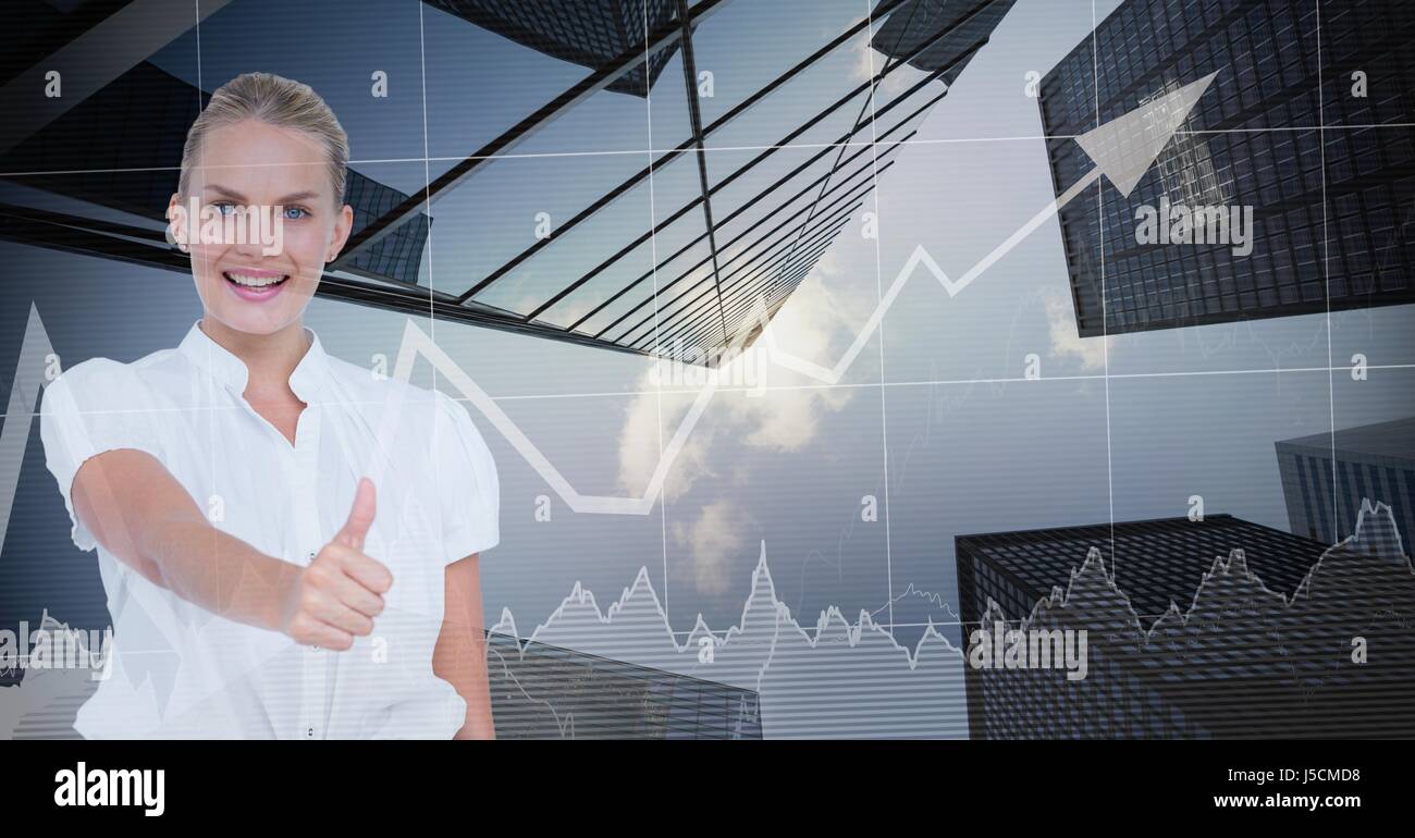 Digital composite of Businesswoman showing thumbs up against graph and ...