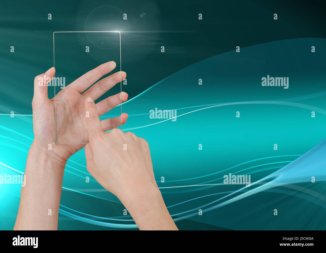 Digital composite of Hand Touching Glass Screen with abstract waves and ...