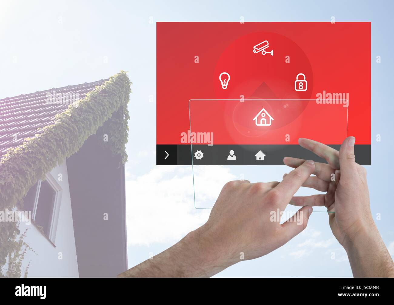 Digital composite hand holding glass interface hi-res stock photography ...