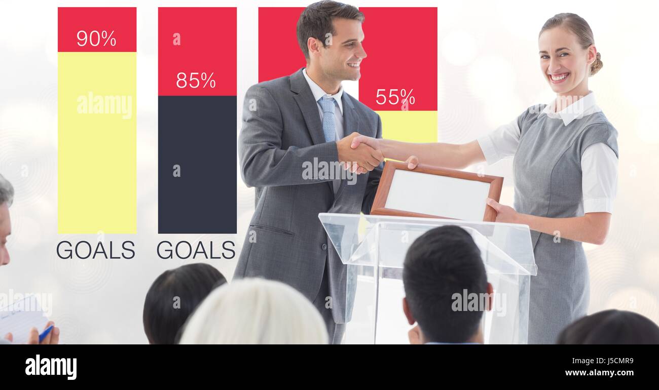 Digital composite of Happy businesswoman getting award against graph ...